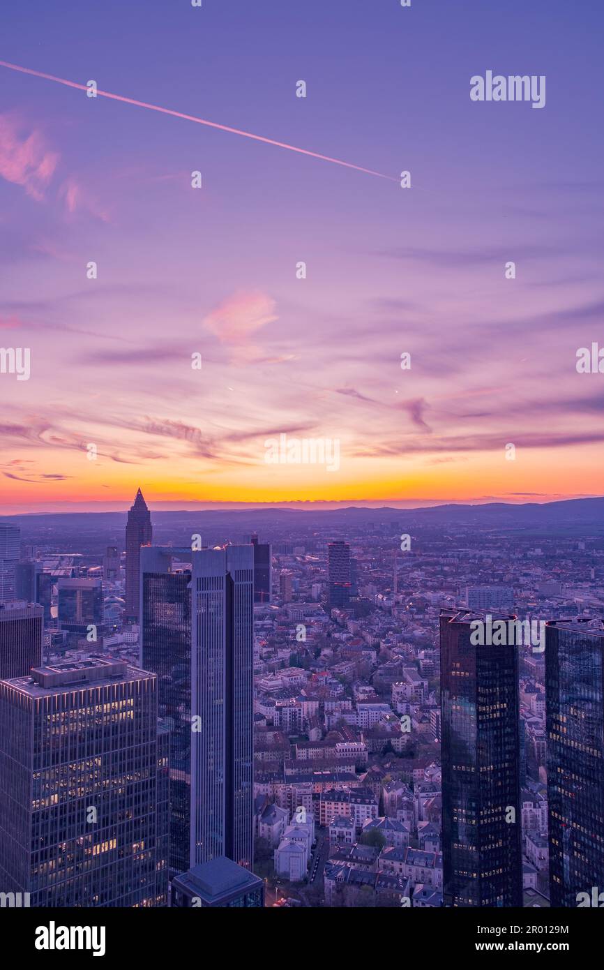 At dusk in the European city with the pink sunset and warm color. In ...