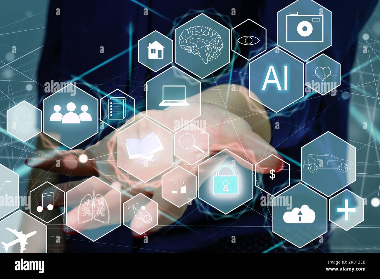 Ai tech, businessman show virtual graphic Global Internet connect Chatgpt Chat with AI ...