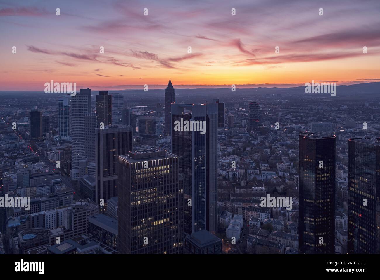 At dusk in the European city with the pink sunset and warm color. In ...