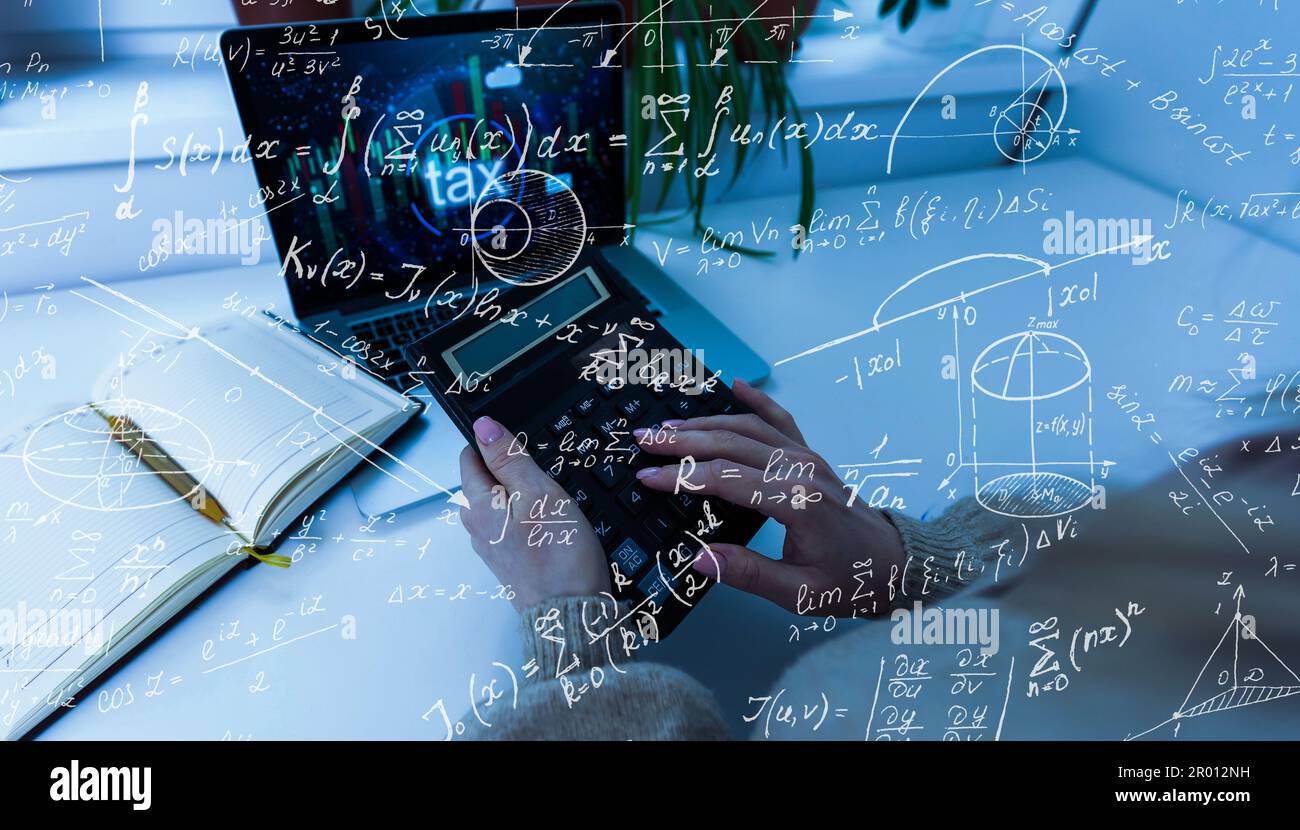 Student or teacher with mathematical and scientific formulas. Concepts ...