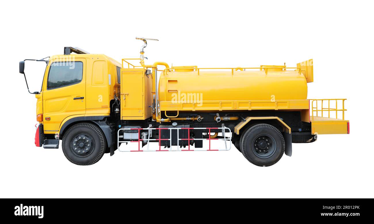 Yellow water truck isolated on white background Stock Photo - Alamy
