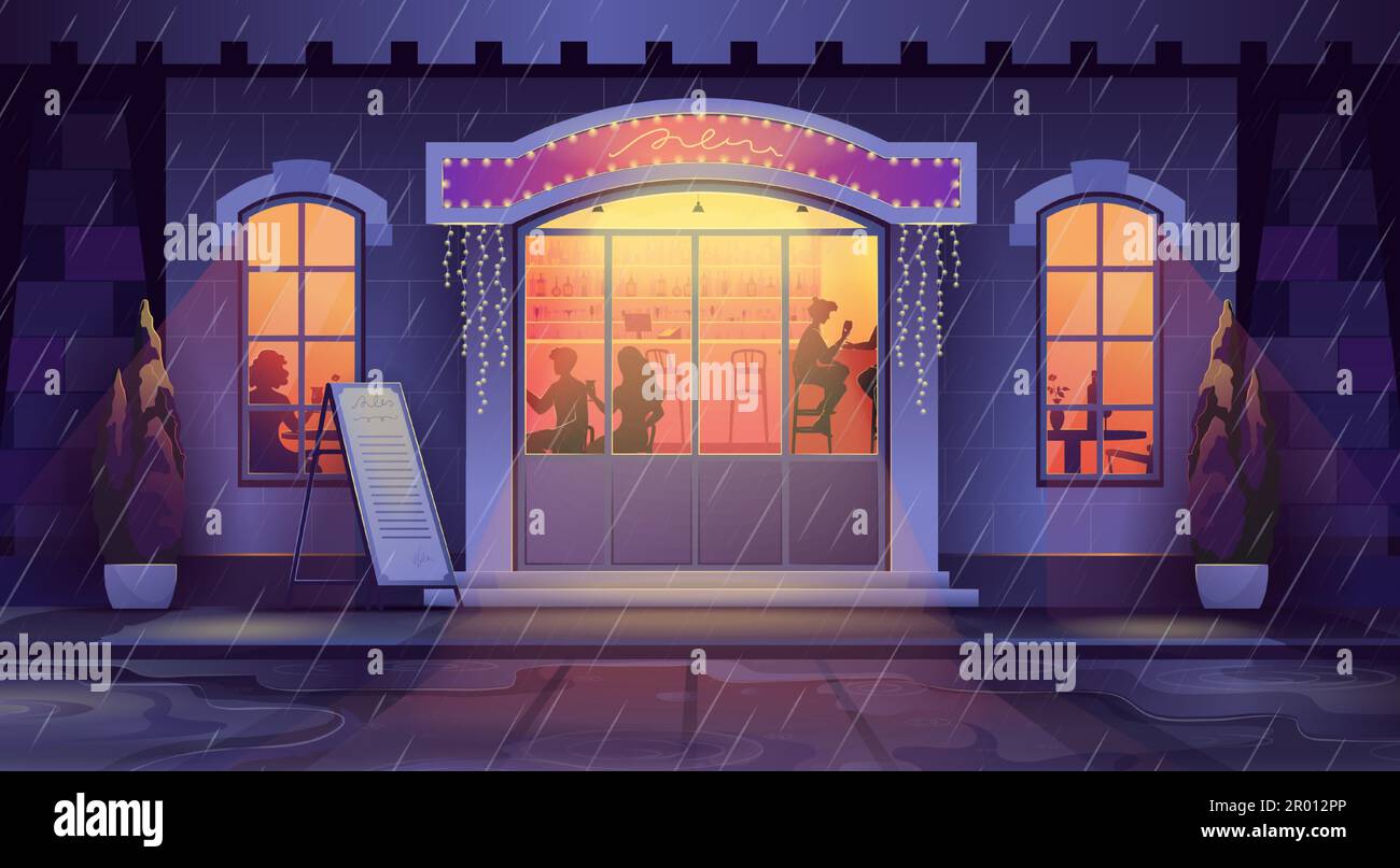 Cartoon night bar exterior. Street shop. City cafe. Restaurant door ...
