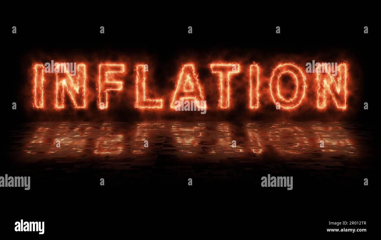 INFLATION - flamed lettering on dark background with reflections on the ...