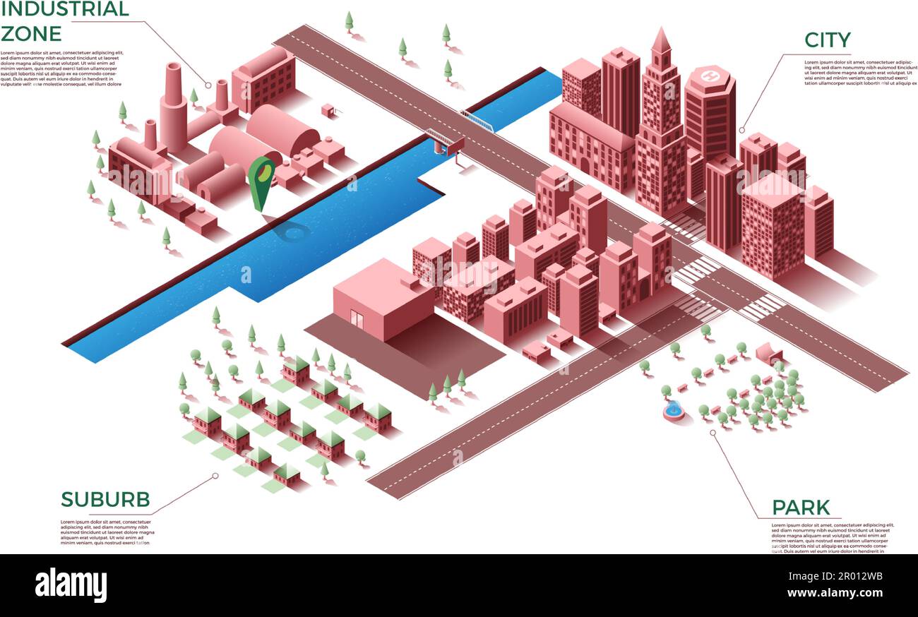 Isometric city. 3D business map with districts zone. Modern buildings ...