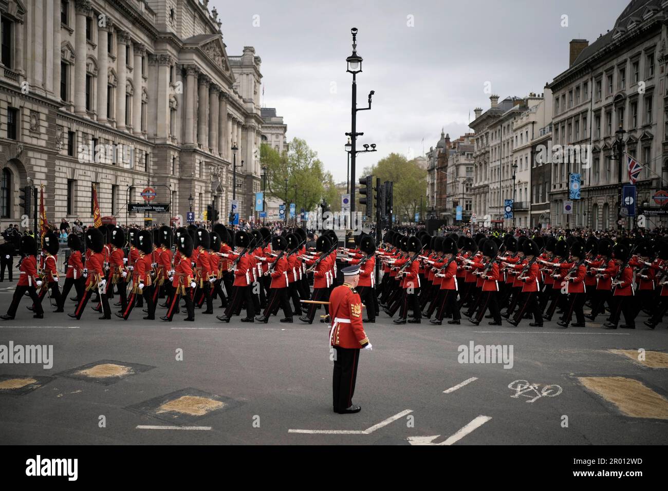 Troops march outside the Palace of Westminster ahead of Britain's King ...