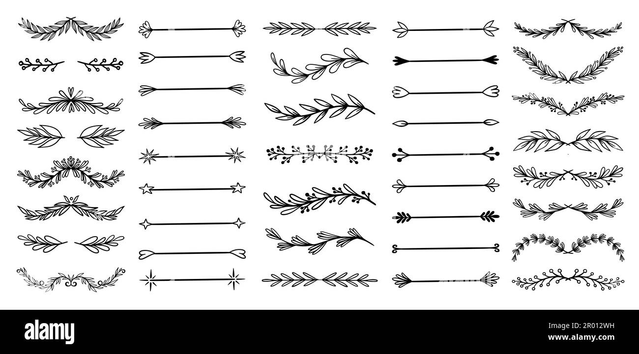 Floral ornament, line borders set. Hand drawn decor for cards and ...