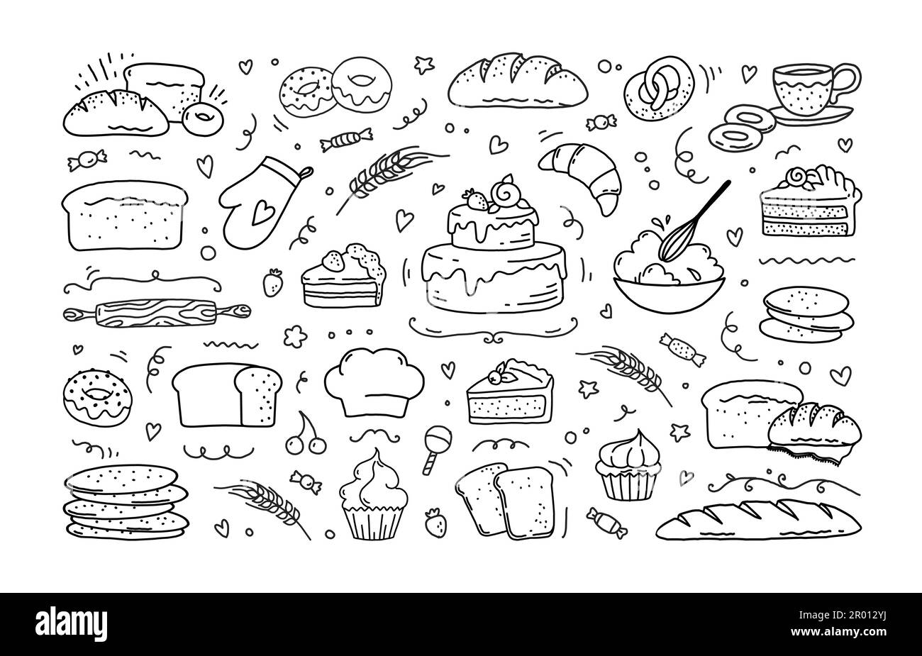 Bakery doodle set, sweet pastry, cupcake and cookies, hand drawn ...