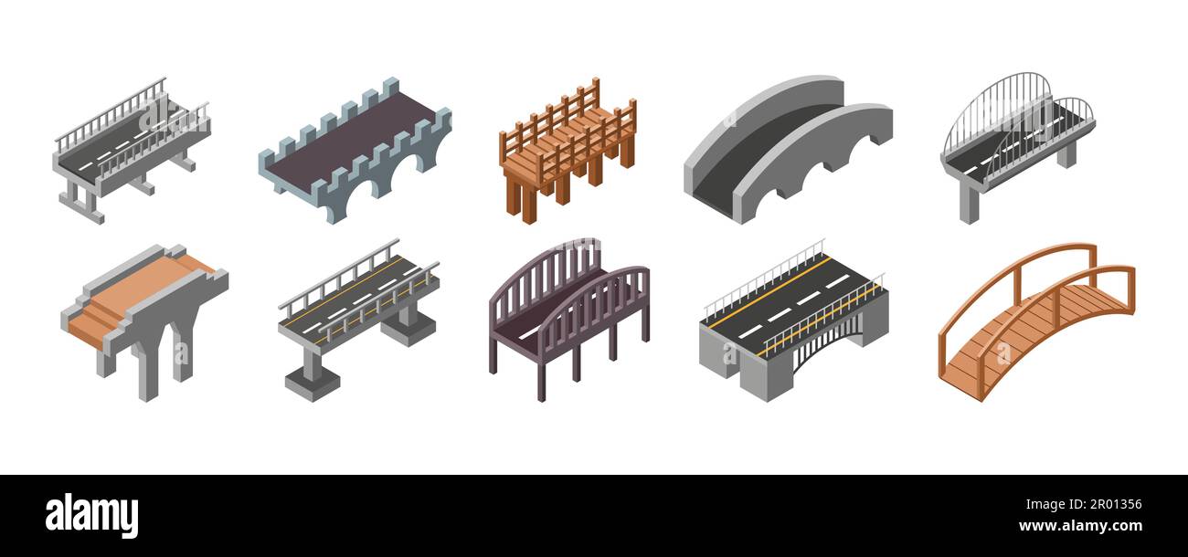 3D isometric road. Bridge construction. River footbridge. Concrete viaduct rail in perspective ...