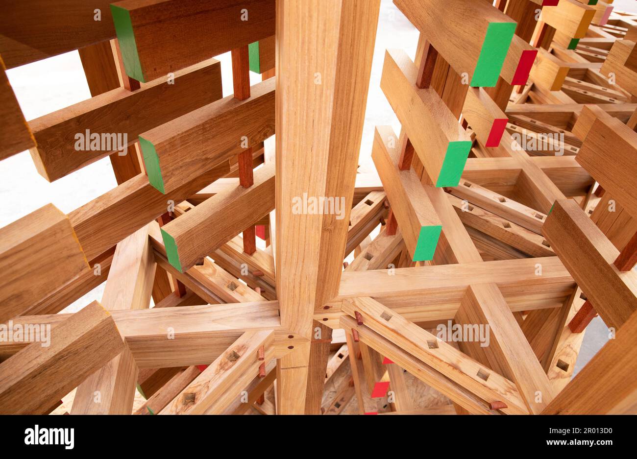 Construction details with teak wood, joints between elements. Wood ...