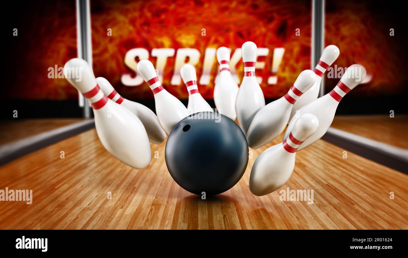 Bowling strike concept with rolling ball and pins. 3D illustration ...