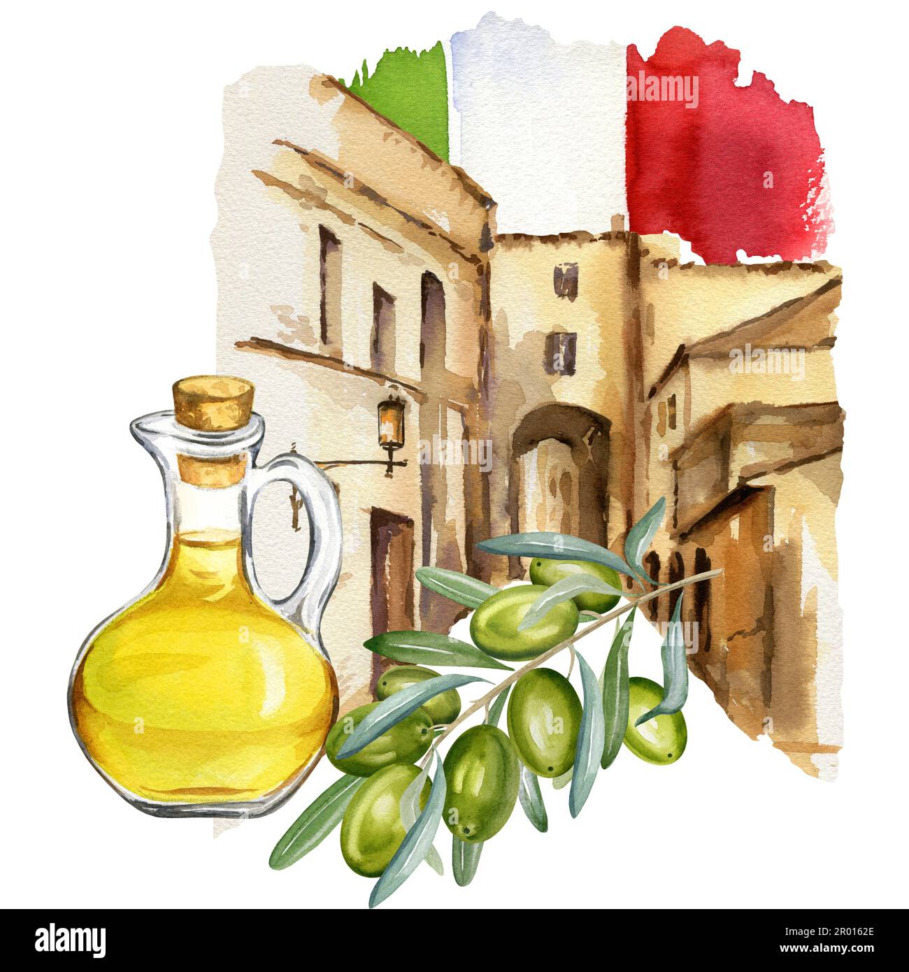 watercolor olive oil in glass bottle with branch of green olives with ...