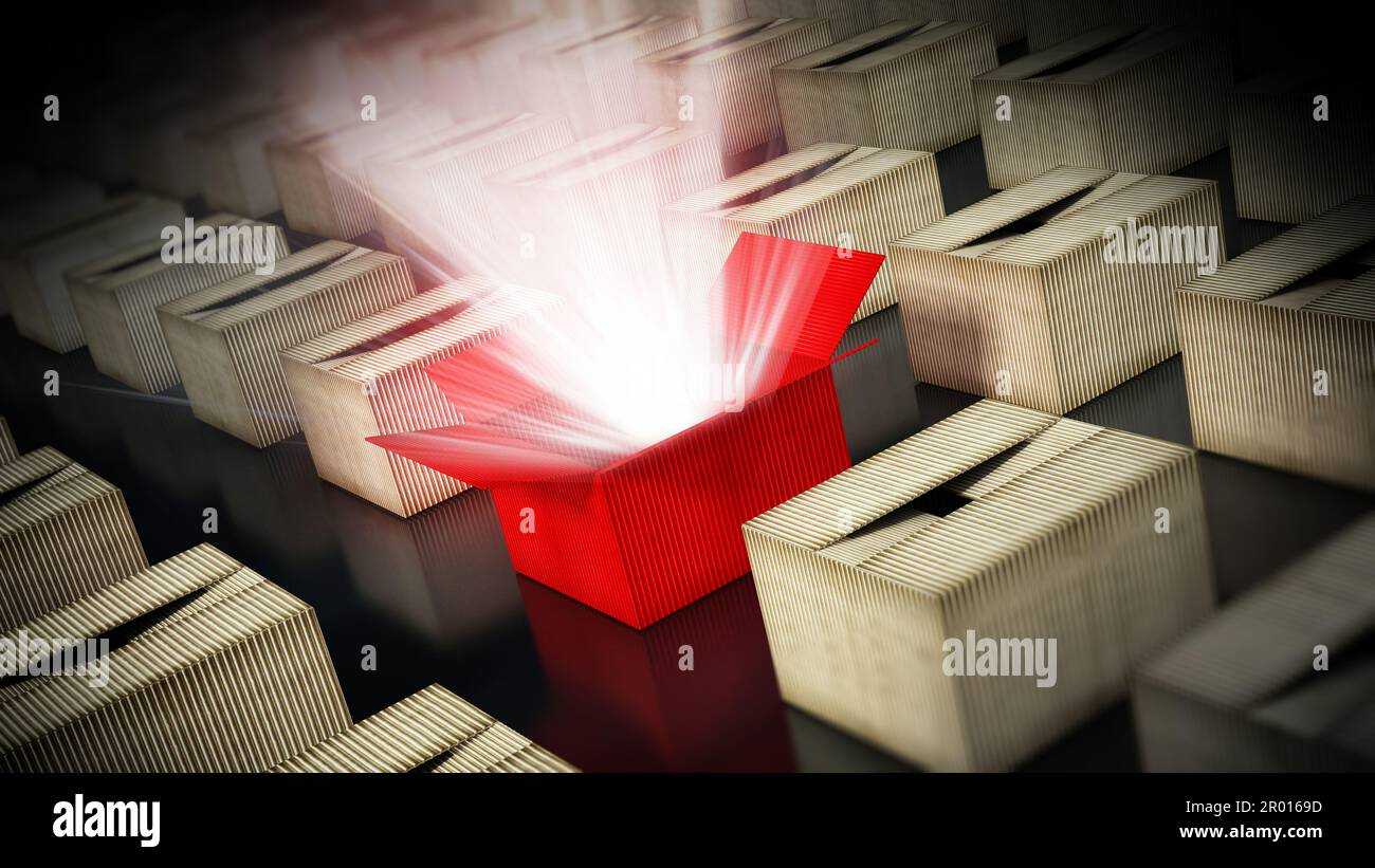 Red cardboard box with glowing light ray standing out. 3D illustration ...