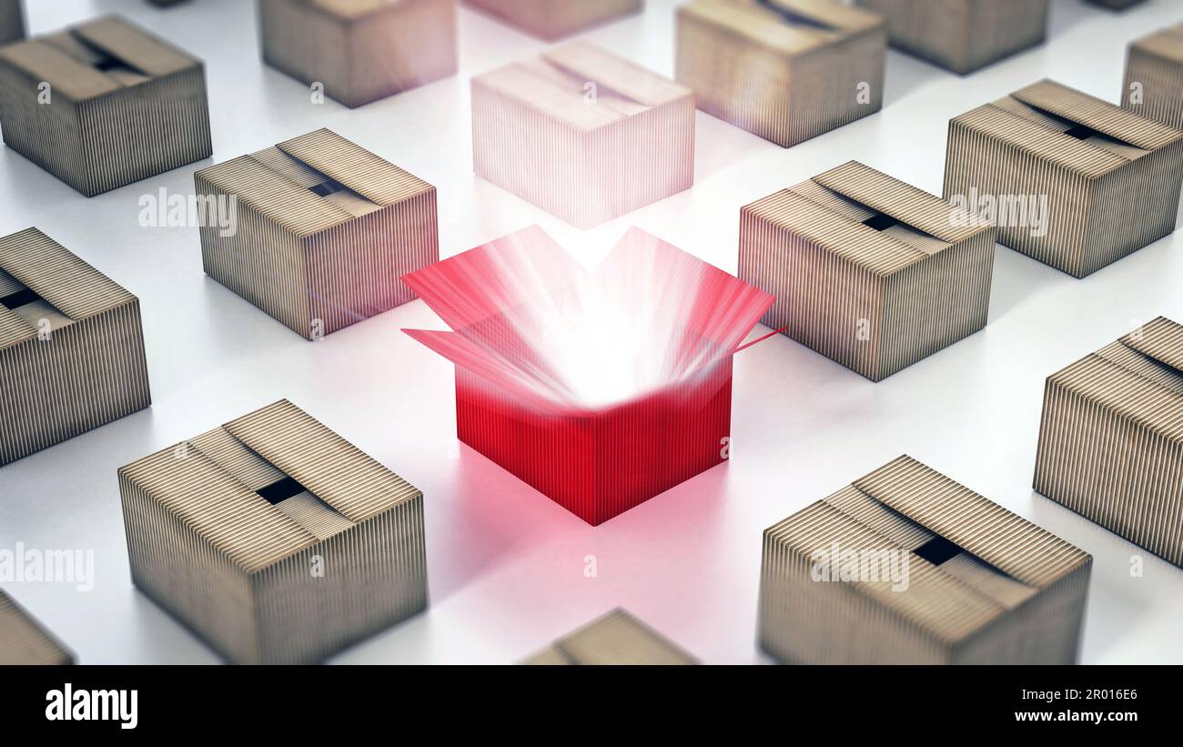 Red cardboard box with glowing light ray standing out. 3D illustration ...