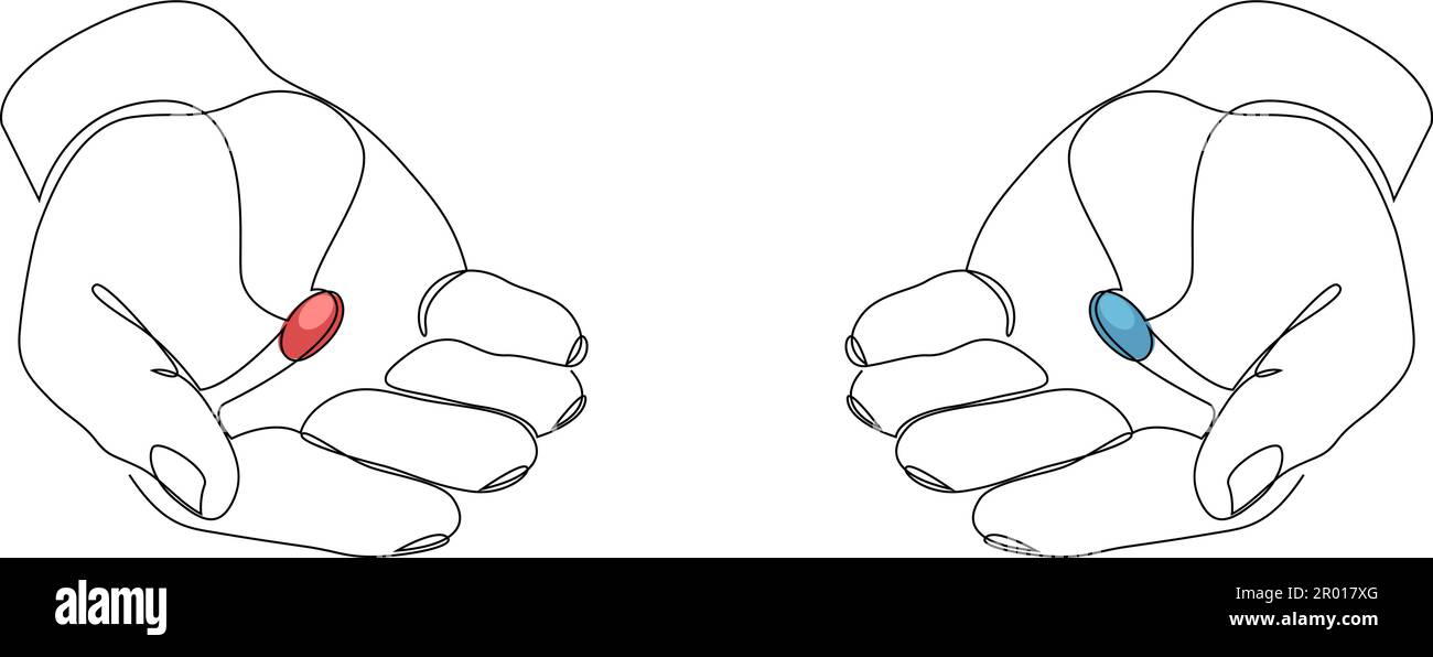 Hands hold red pill and blue pill. Decision making and choice concept ...