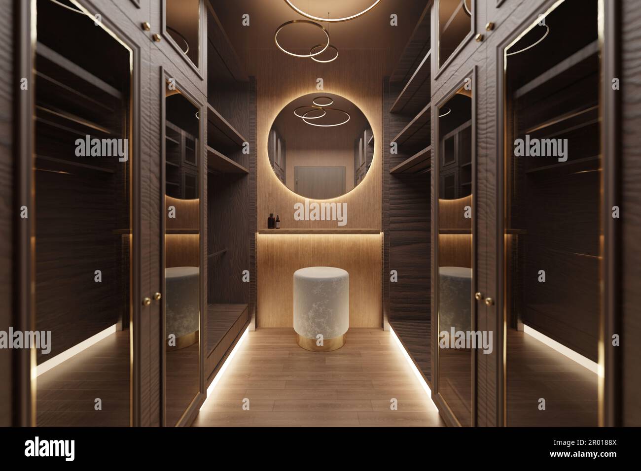 3D render dressing room, brown furniture, cabinets and open shelves ...