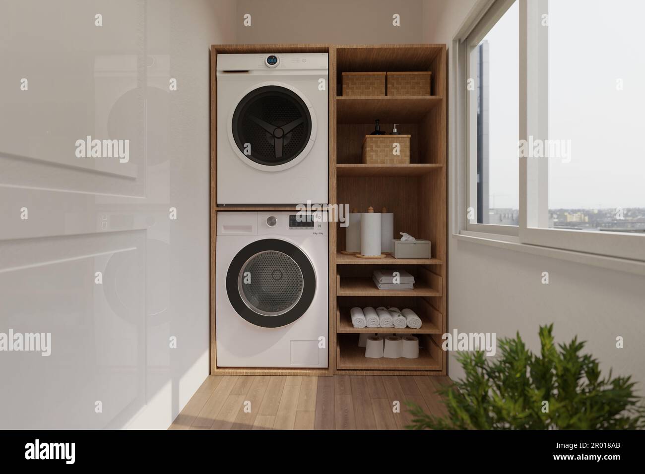 3D rendering laundry room on ground floor, washing machine, dryer ...