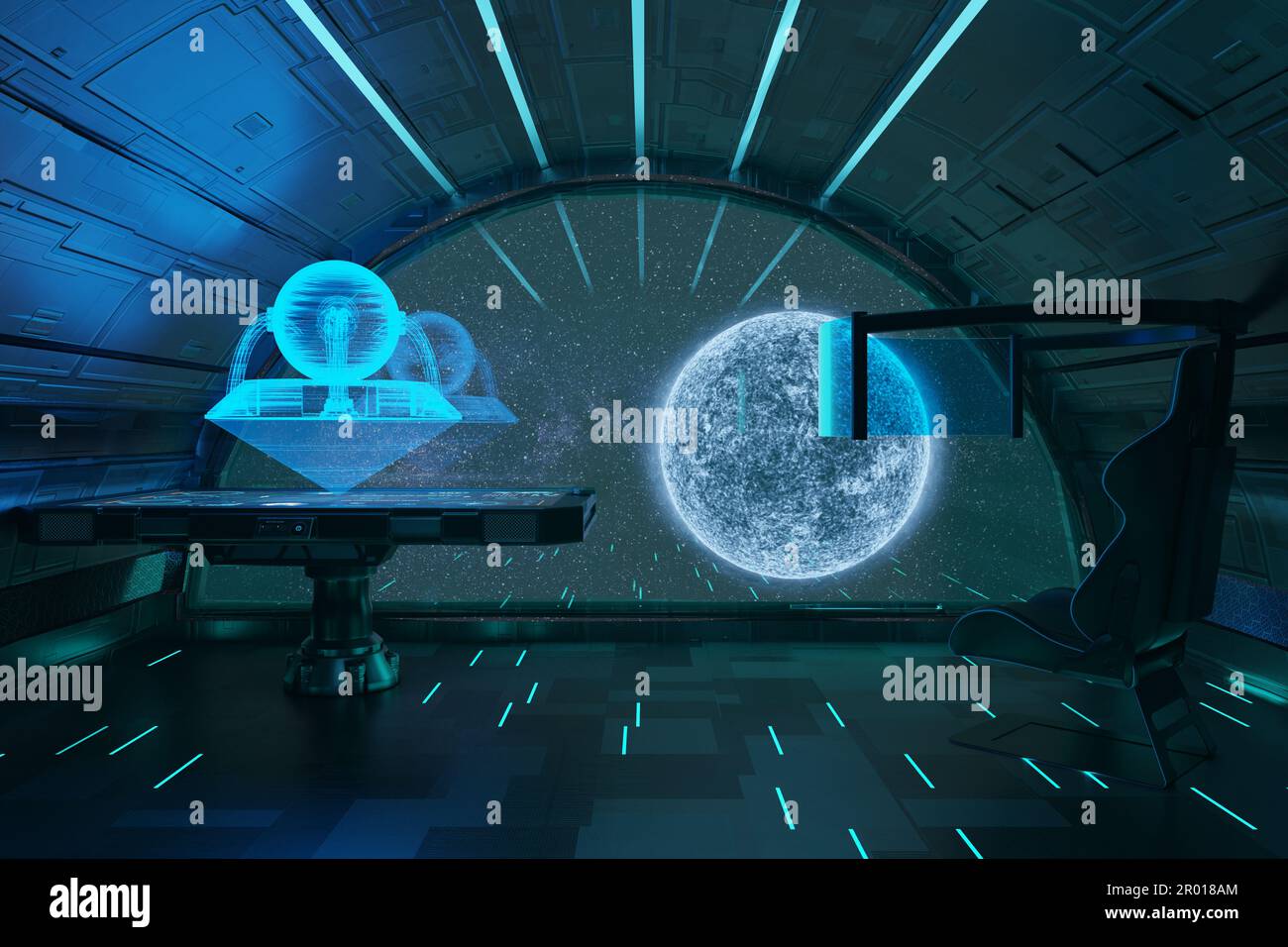 3D rendering of space, spaceship inside, view from window of blue ...