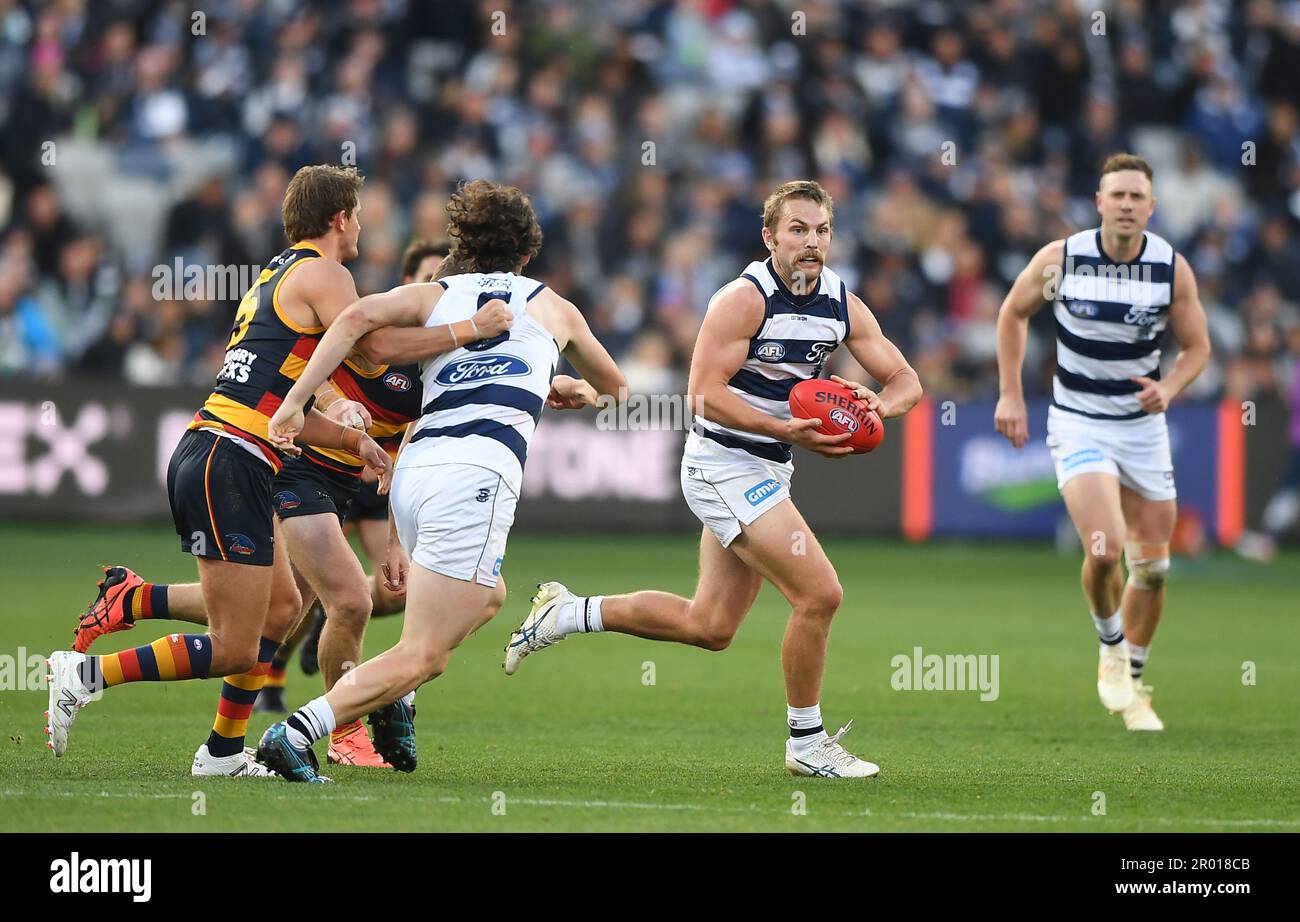 Tom Atkins of the Cats (third from left) is seen in action during the AFL Round 8 match between ...