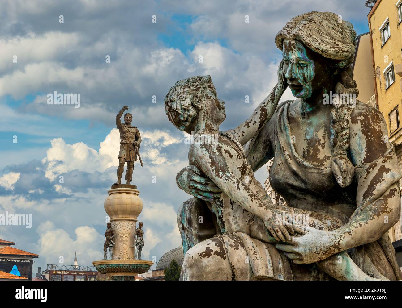 Skopje, North Macedonia.The Mothers of Macedonia Fountain statues with ...