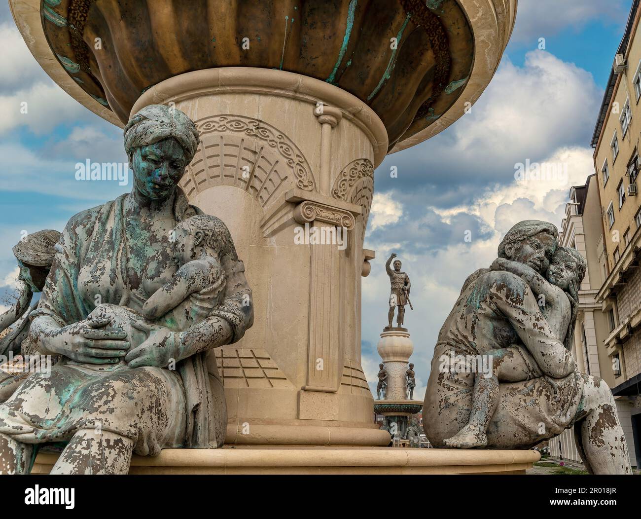 Skopje, North Macedonia.The Mothers of Macedonia Fountain statues with ...