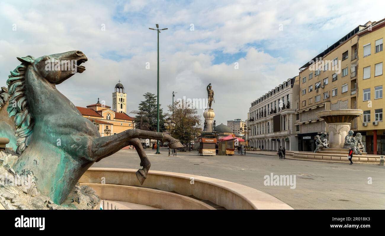 Skopje ,North Macedonia, Statues of Horse in foreground and Statue of ...
