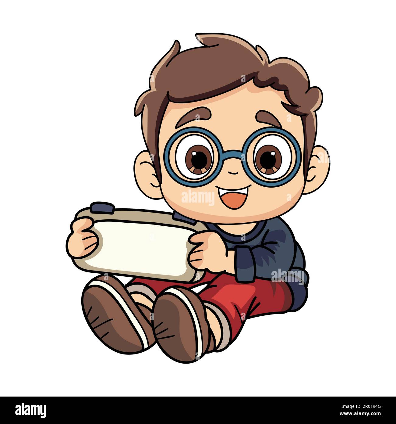 Happy boy with portable game character illustration in doodle style ...