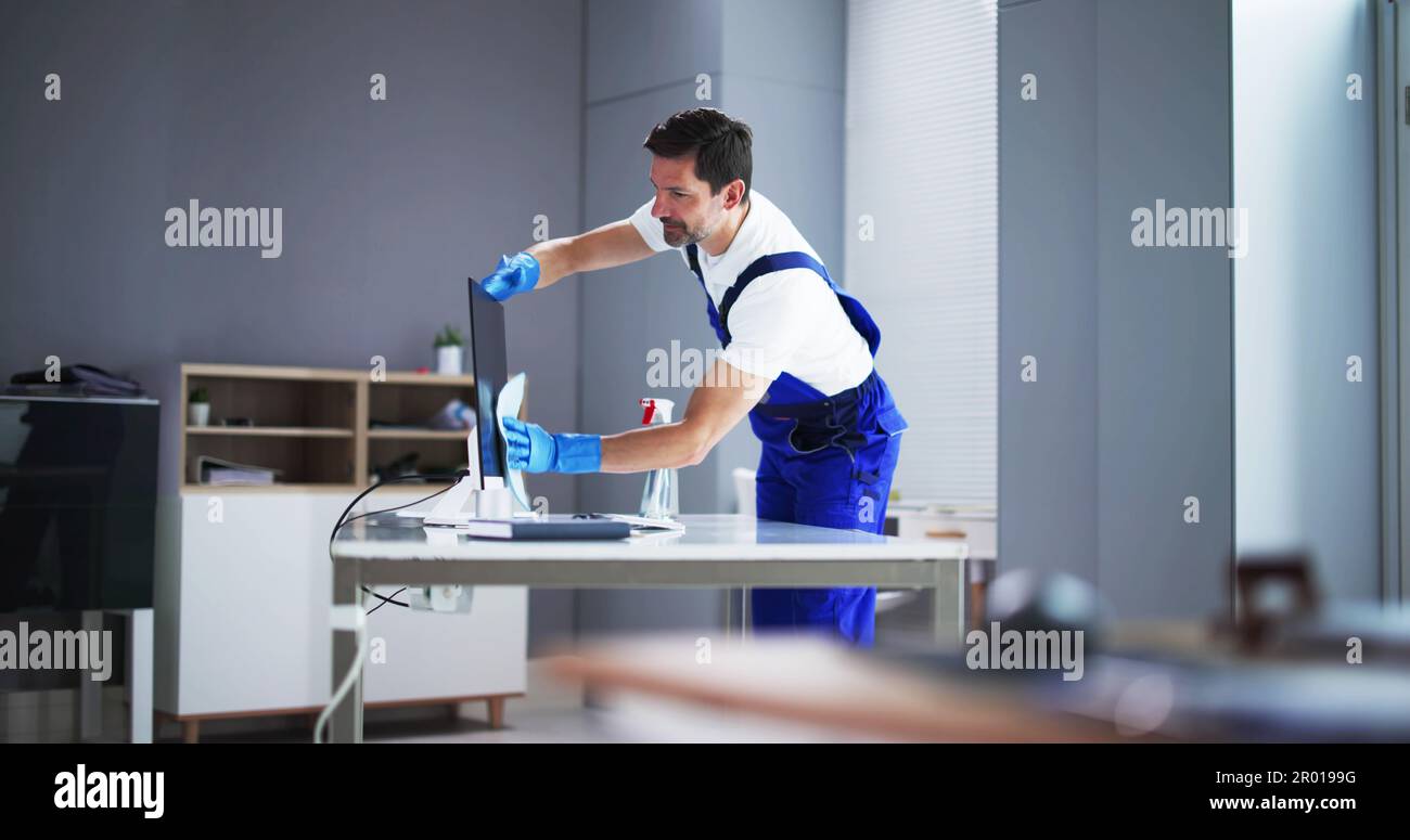 Professional Workplace Janitor Service. Office Desk Cleaning Stock ...