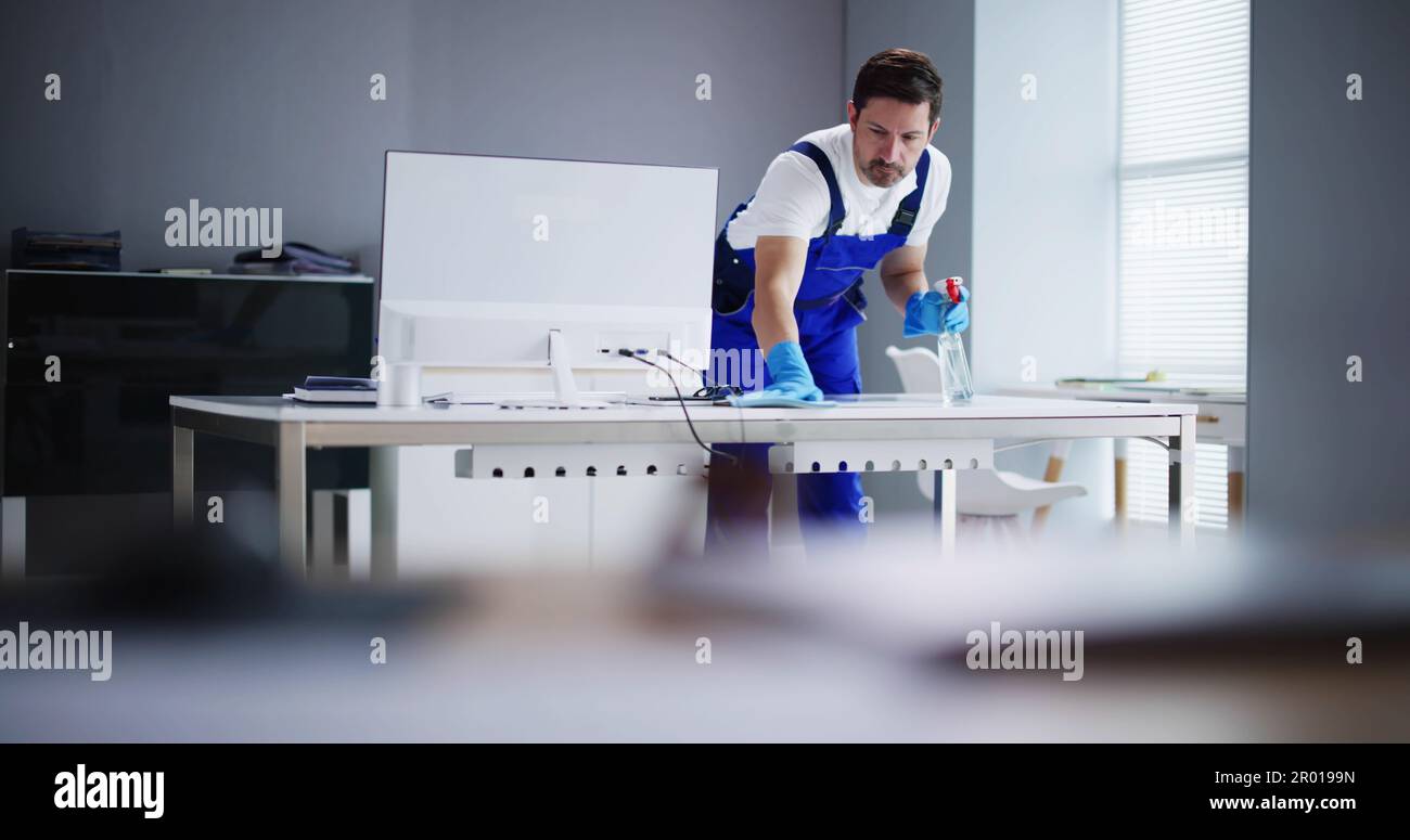 Professional Workplace Janitor Service. Office Desk Cleaning Stock ...