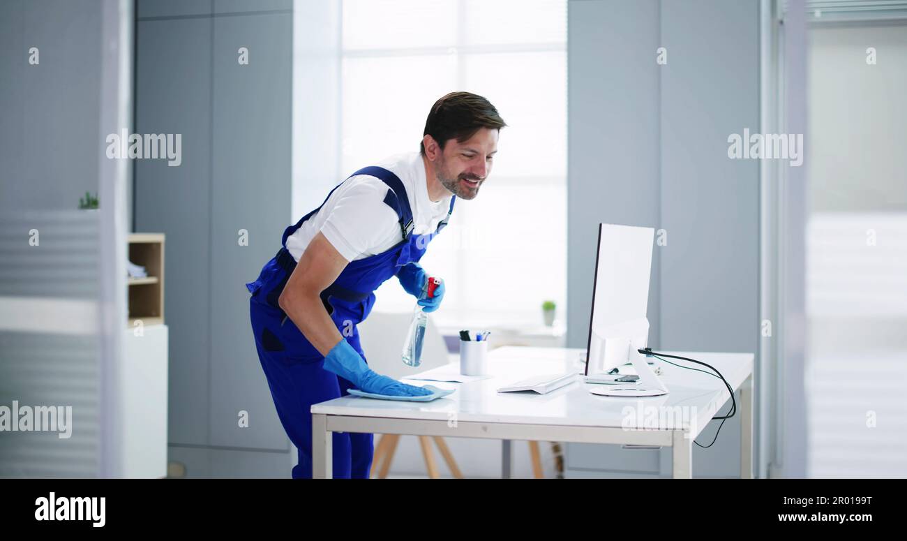 Professional Workplace Janitor Service. Office Desk Cleaning Stock ...