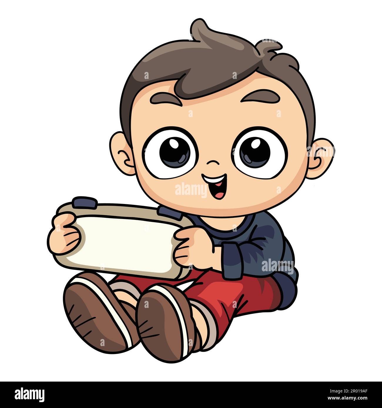 Happy boy with portable game character illustration in doodle style ...