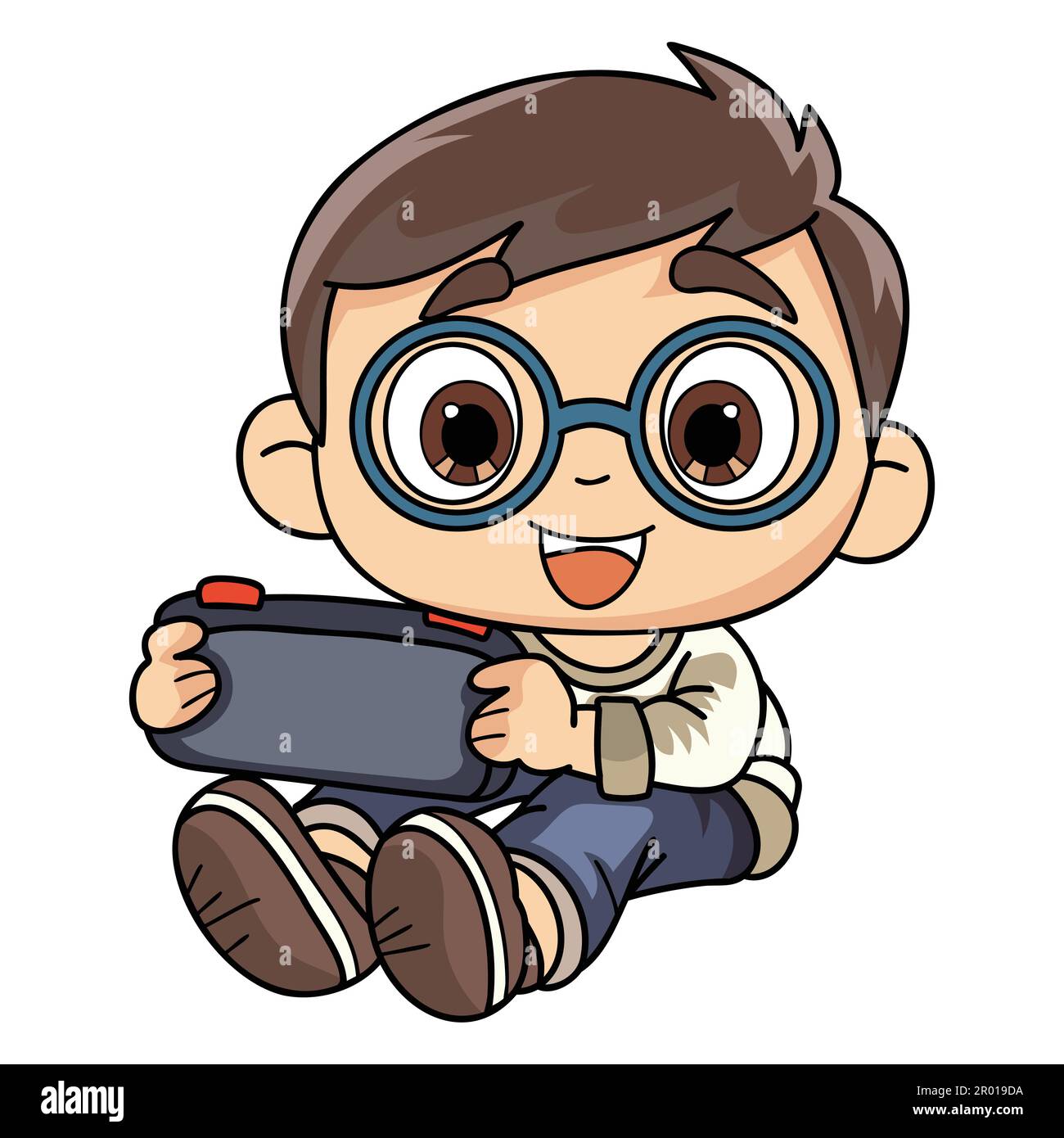 Happy boy with portable game character illustration in doodle style ...