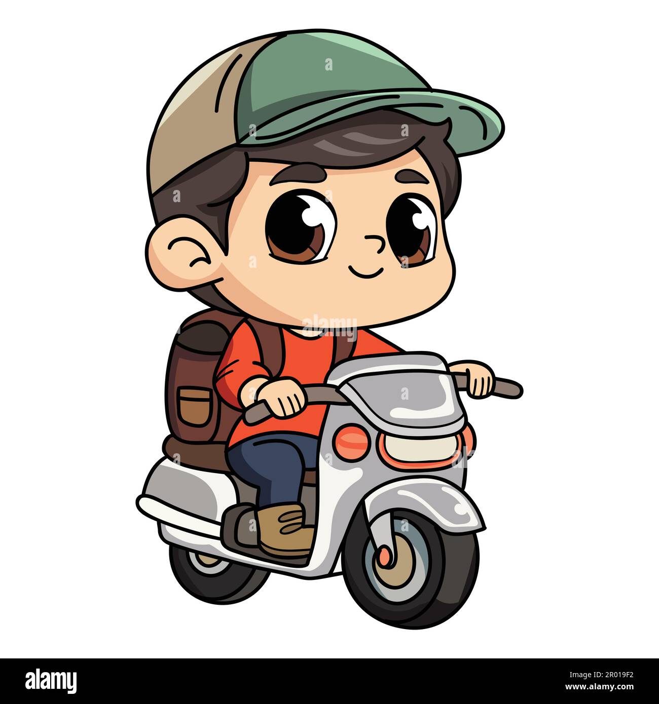 Happy delivery man with scooter character illustration in doodle style ...