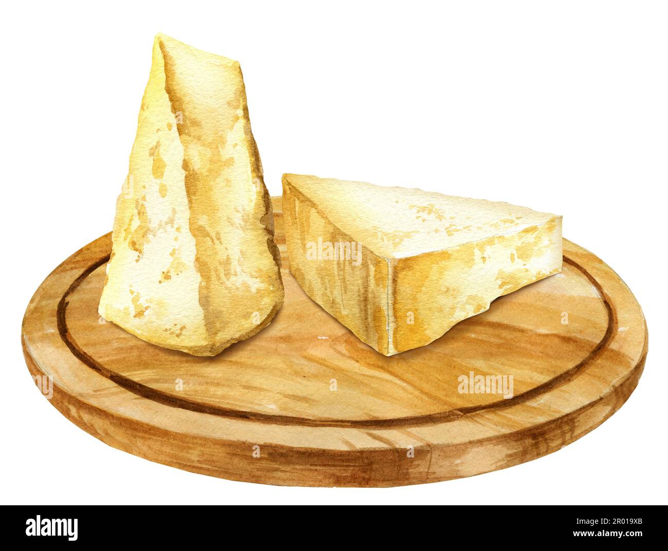 watercolor parmesan cheese pieces on wooden cutting board, set of ...
