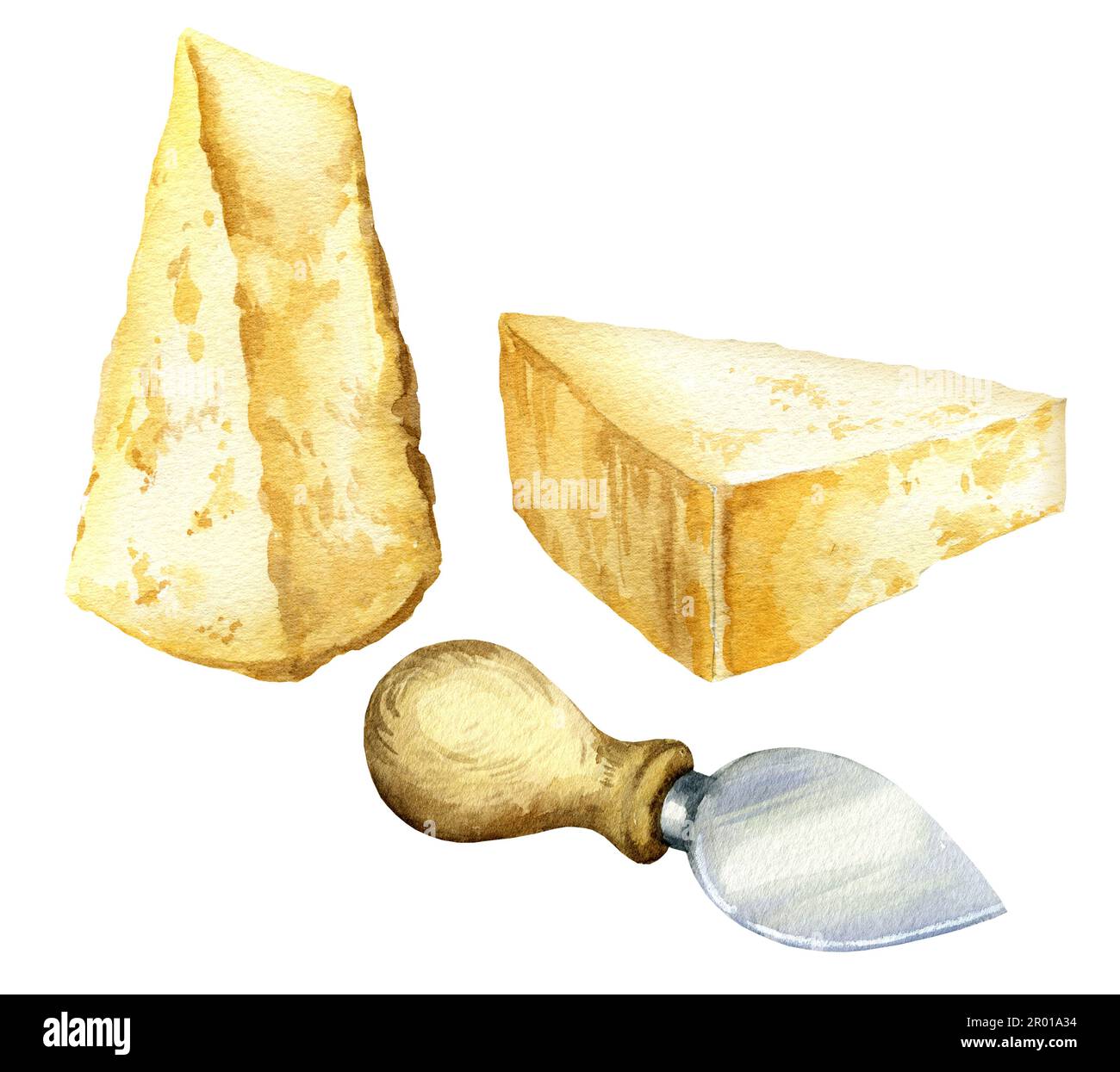 watercolor parmesan cheese pieces with cheese knife, hand drawn ...