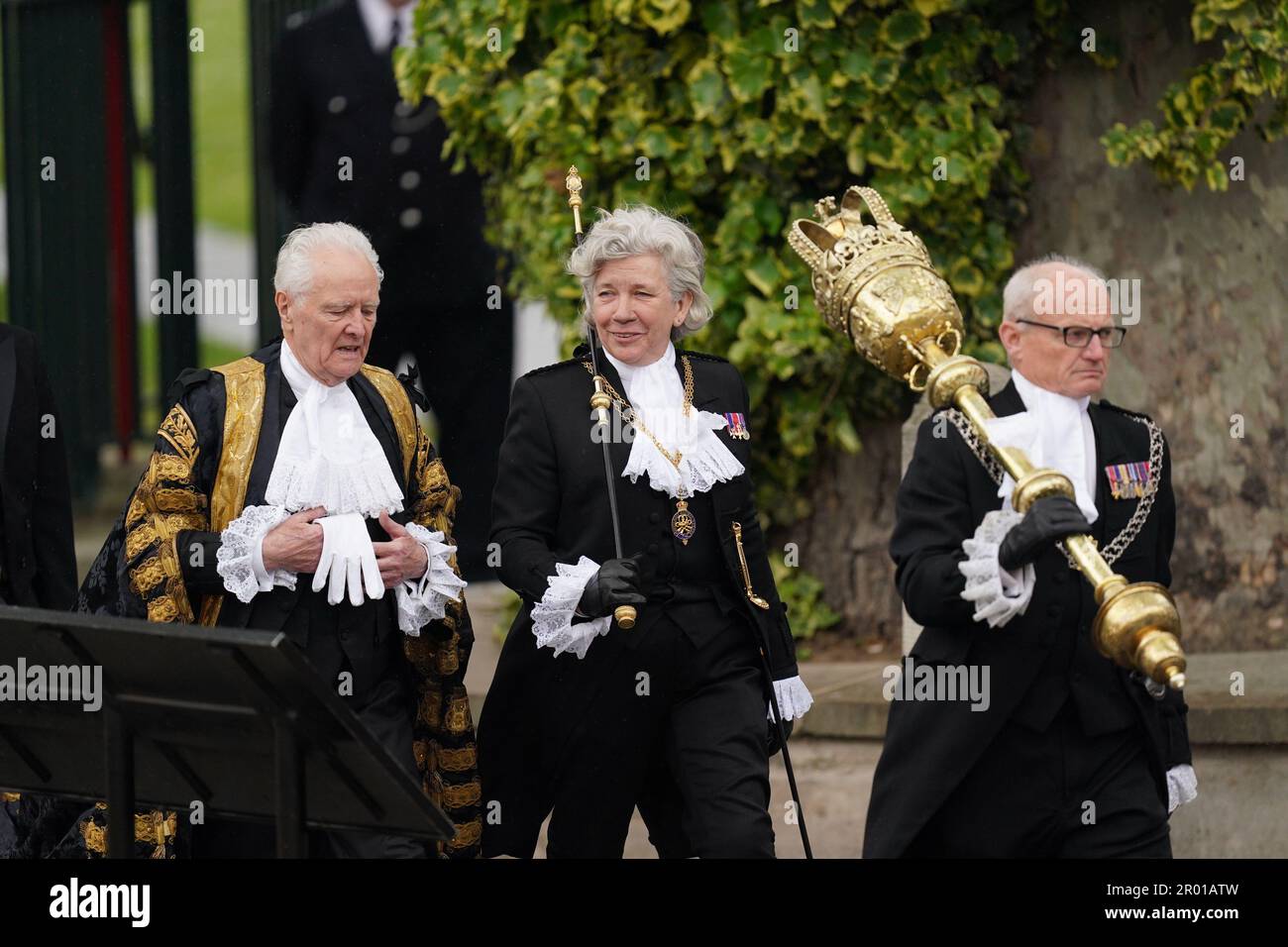 Lady Usher of the Black Rod, Sarah Clarke (centre) arriving ahead of ...