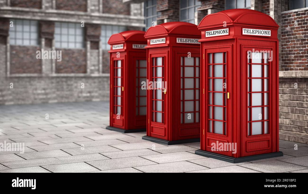 Red British phone booths in the street. 3D illustration Stock Photo - Alamy