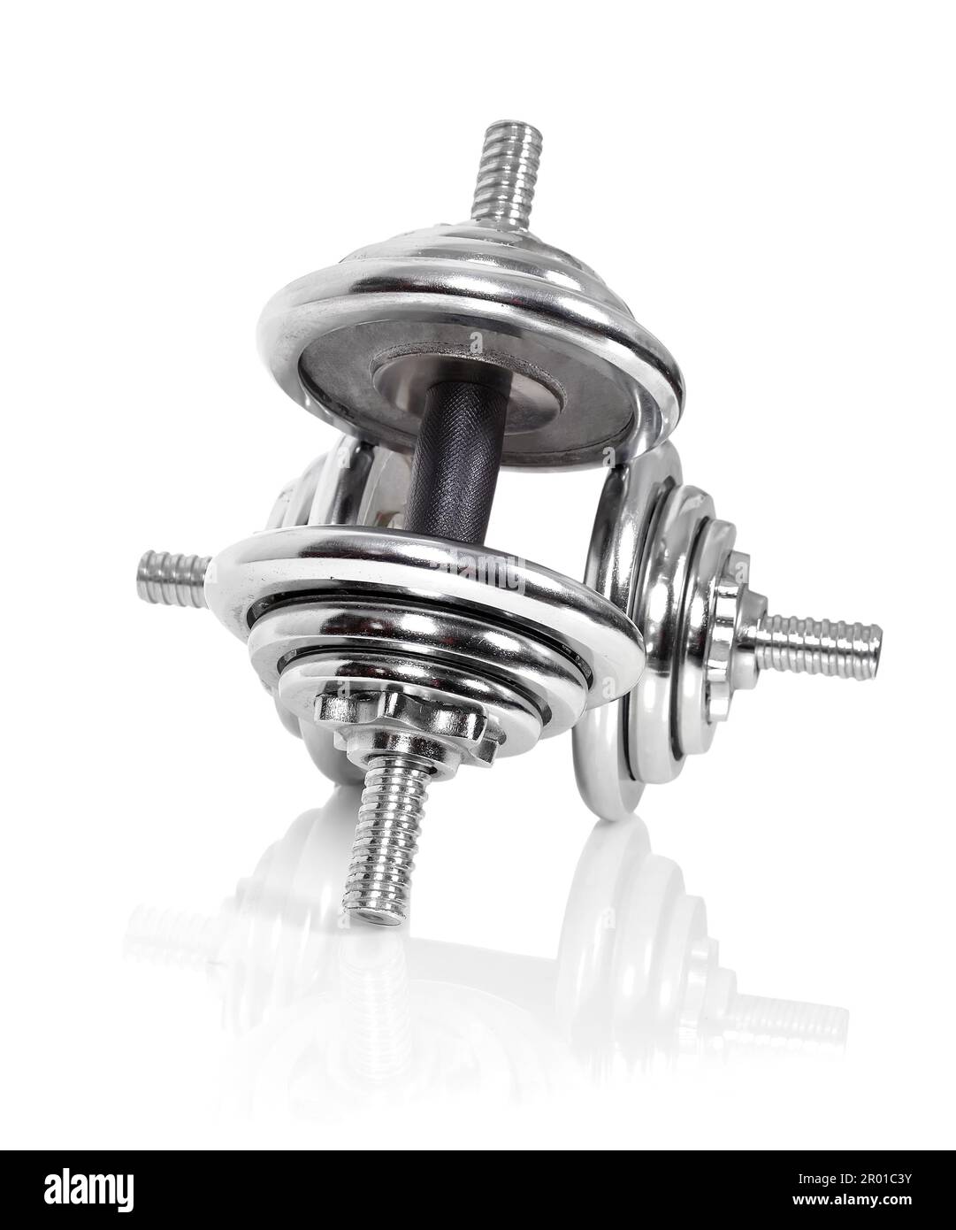 two metal dumbbells weights on white background Stock Photo - Alamy