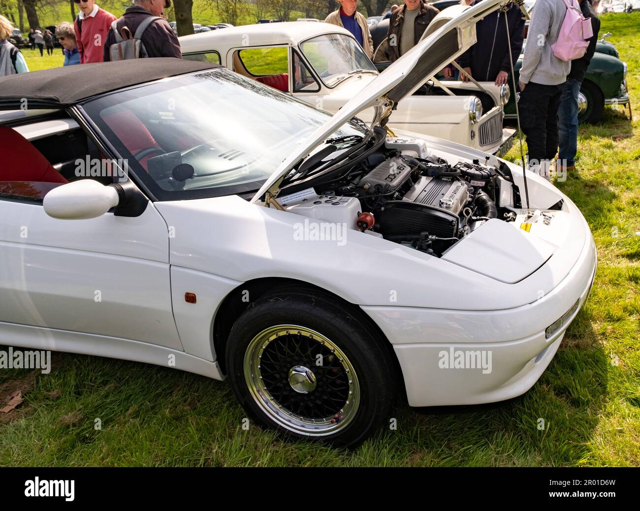 Earsham, Norfolk, UK – April 30 2023. The front end of a classic white ...
