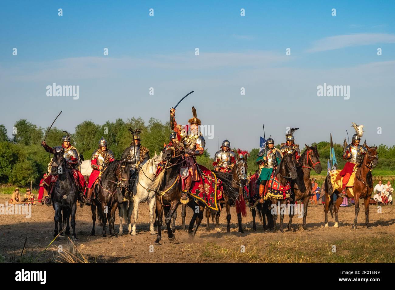 Gniew, Poland, Aug 2020 Castellan commanding and leading Hussars charge ...