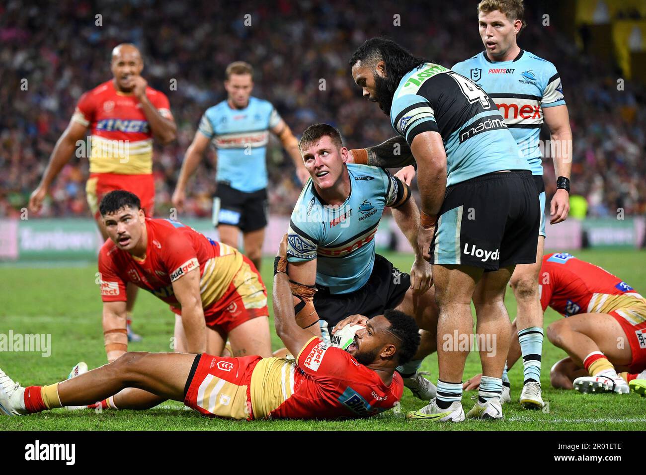 Teig Wilton of the Sharks scores a try during the NRL Round 10 match ...