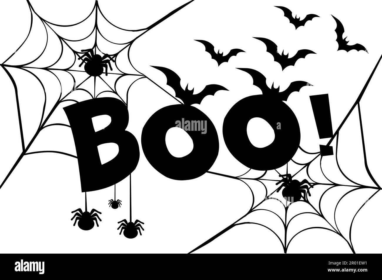 Text Boo. Halloween background, cartoon words with spider and bats ...