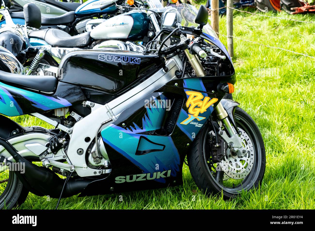 Earsham, Norfolk, UK – April 30 2023. Classic Suzuki RGV250 2 stroke race replica sports bike ...