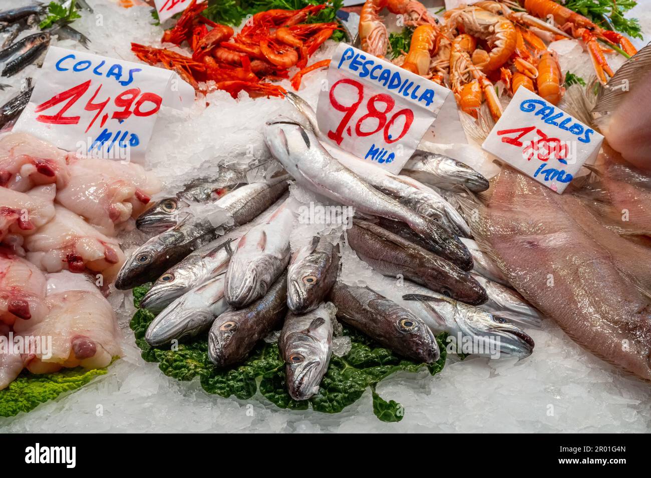 Fresh fish, crustaceans and seafood for sale at a market Stock Photo ...