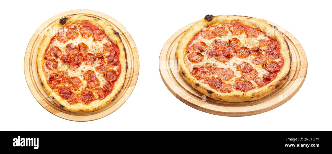 Delicious pepperoni pizza, served on a wooden plate isolated on a white ...
