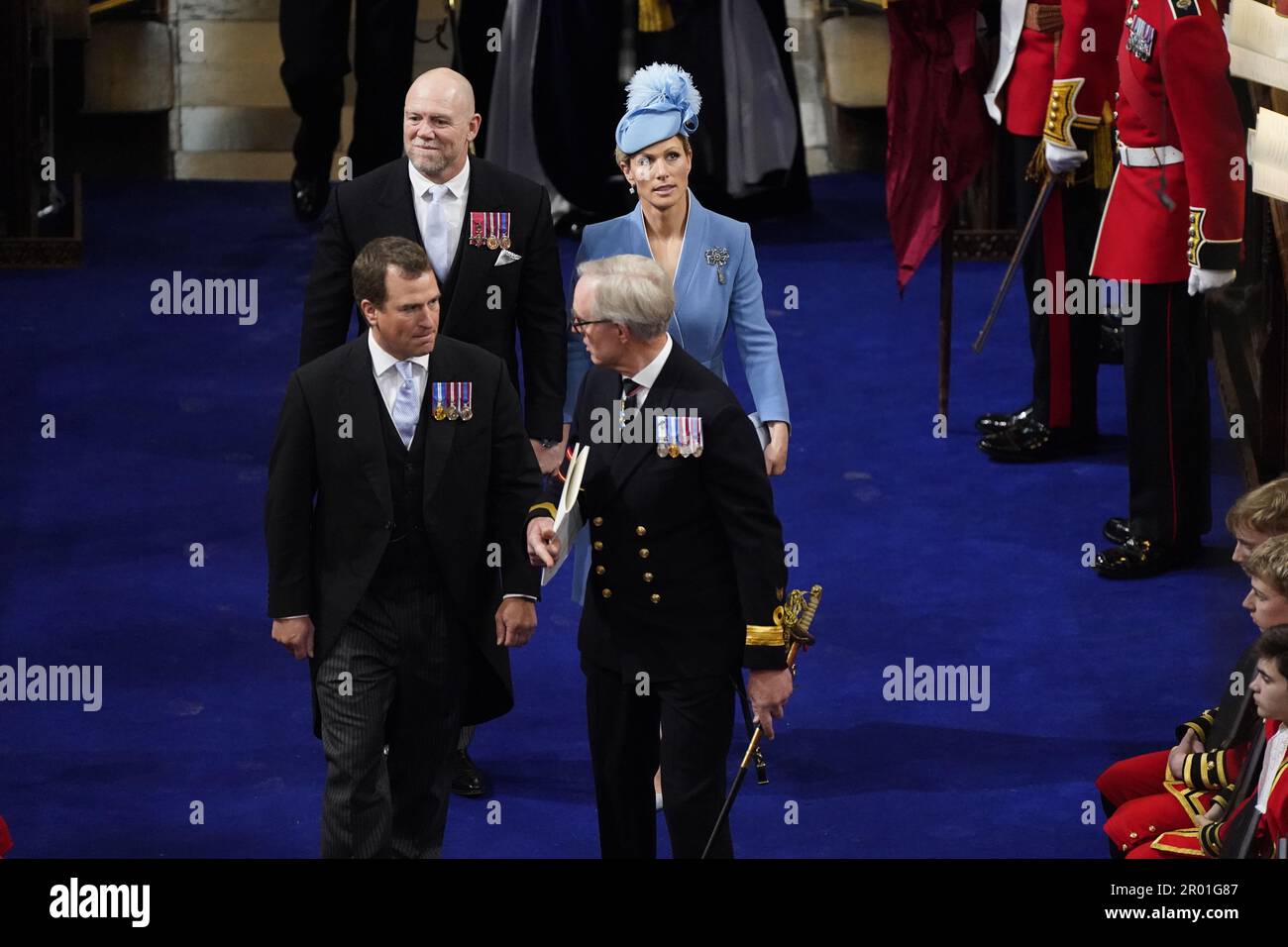 Peter Phillips (front), Mike and Zara Tindall at the coronation of King ...