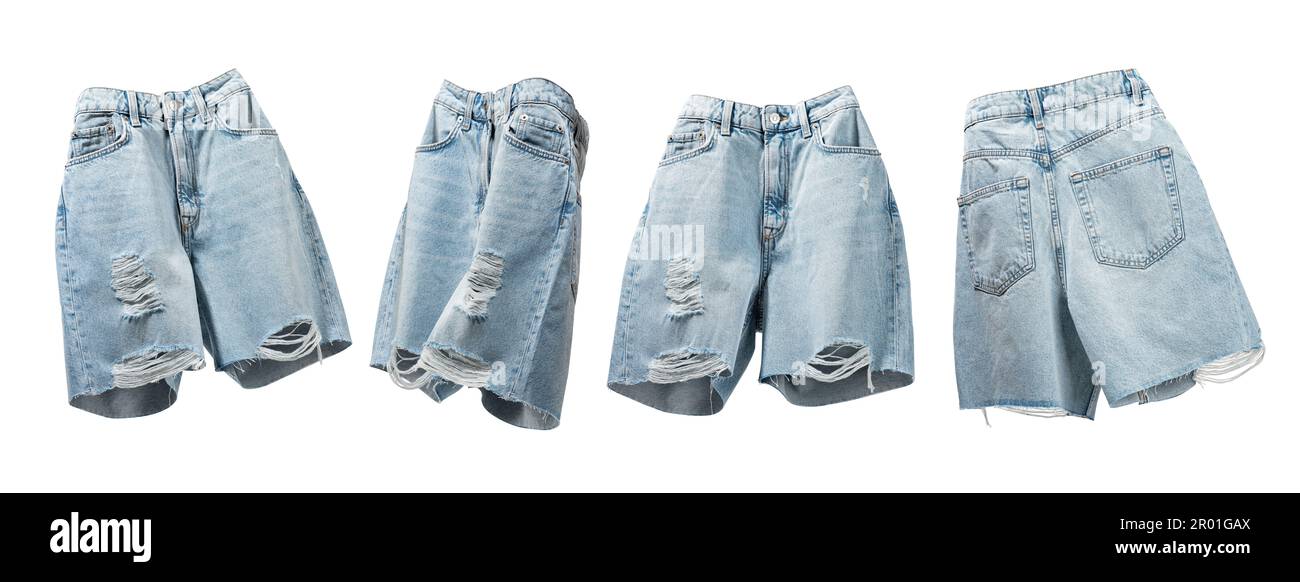 Ripped handmade jeans shorts floating from different sides on light ...