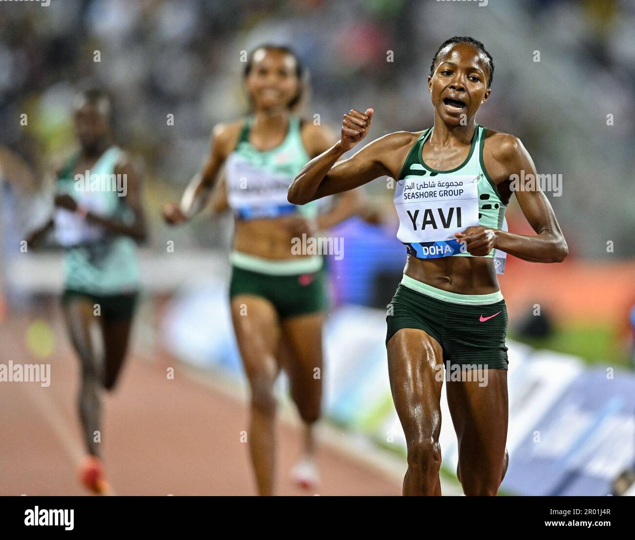 Doha, Qatar. 5th May, 2023. Winfred Mutile Yavi (R) of Bahrain competes ...