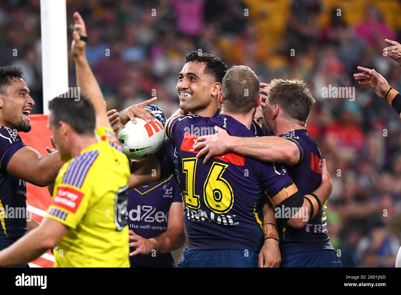 Reimis Smith of the Storm scores a try during the NRL Round 10 match ...
