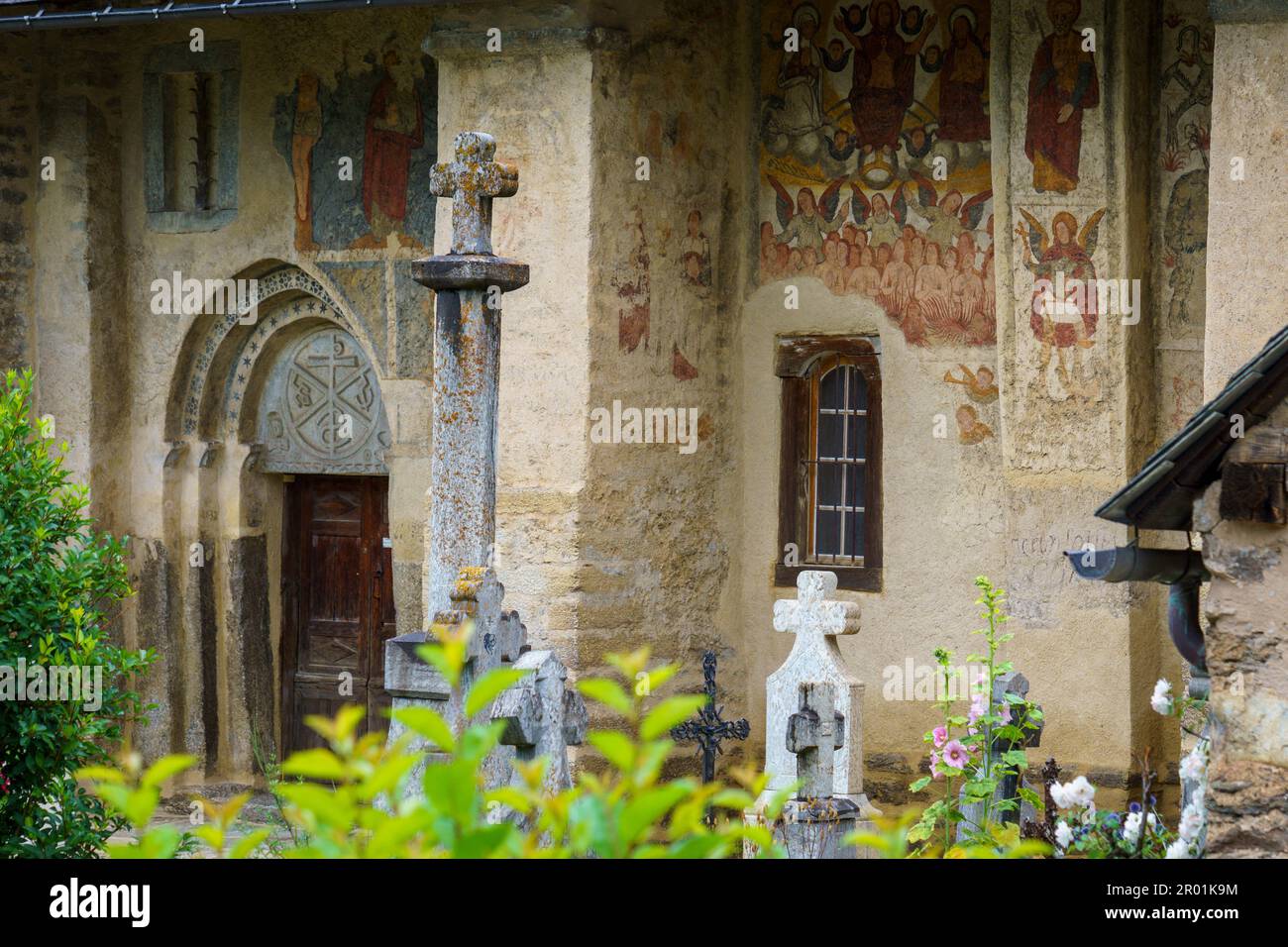 wall paintings of hell and the devil, Romanesque church, Mont village ...