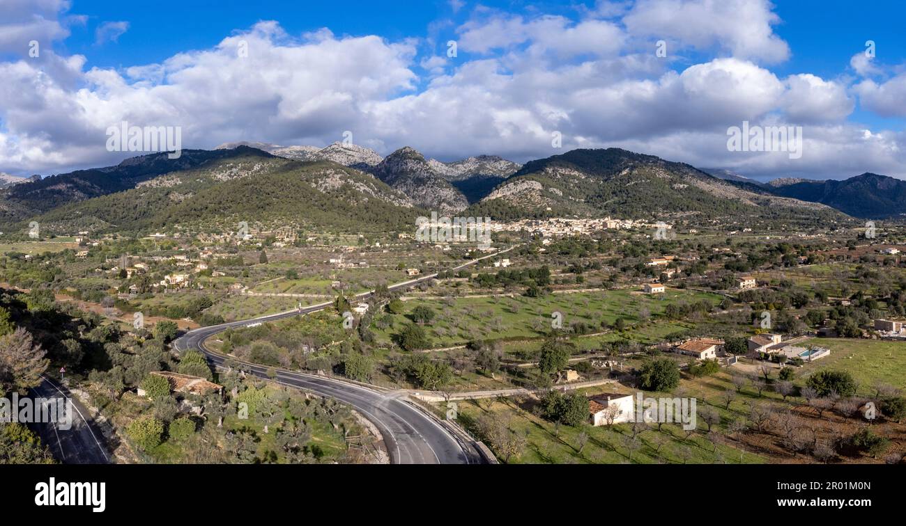 Valley of Caimari and Mancor with the Tramuntana mountain range in the ...